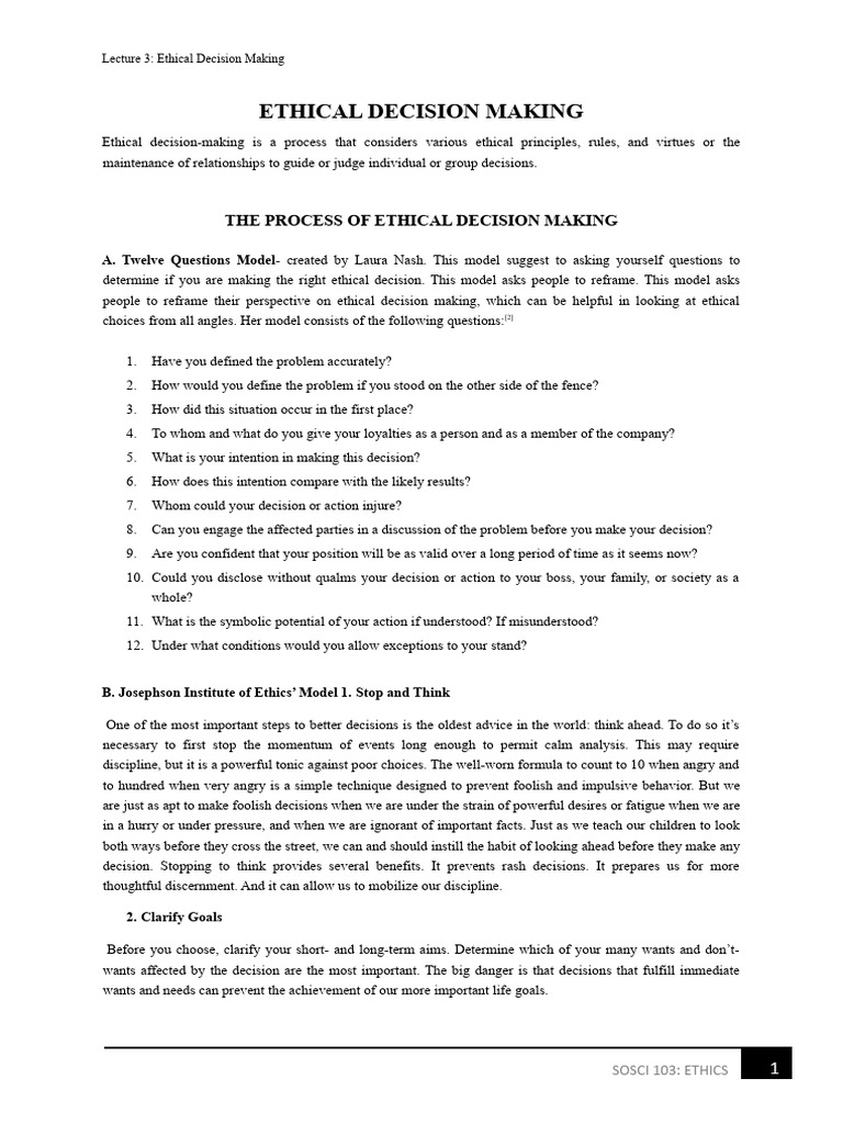 Lecture 3 Ethical Decision Making | PDF | Decision Making | Disciplines