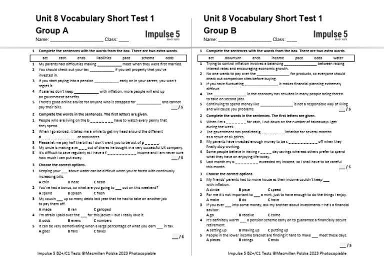 Unit 8 Vocabulary Short Test 1 A+B | PDF | Inflation | Pension