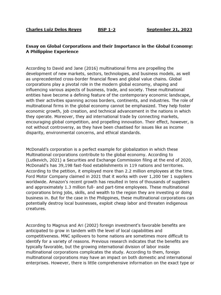 Essay on Global Corporations and their Importance in the Global Economy ...