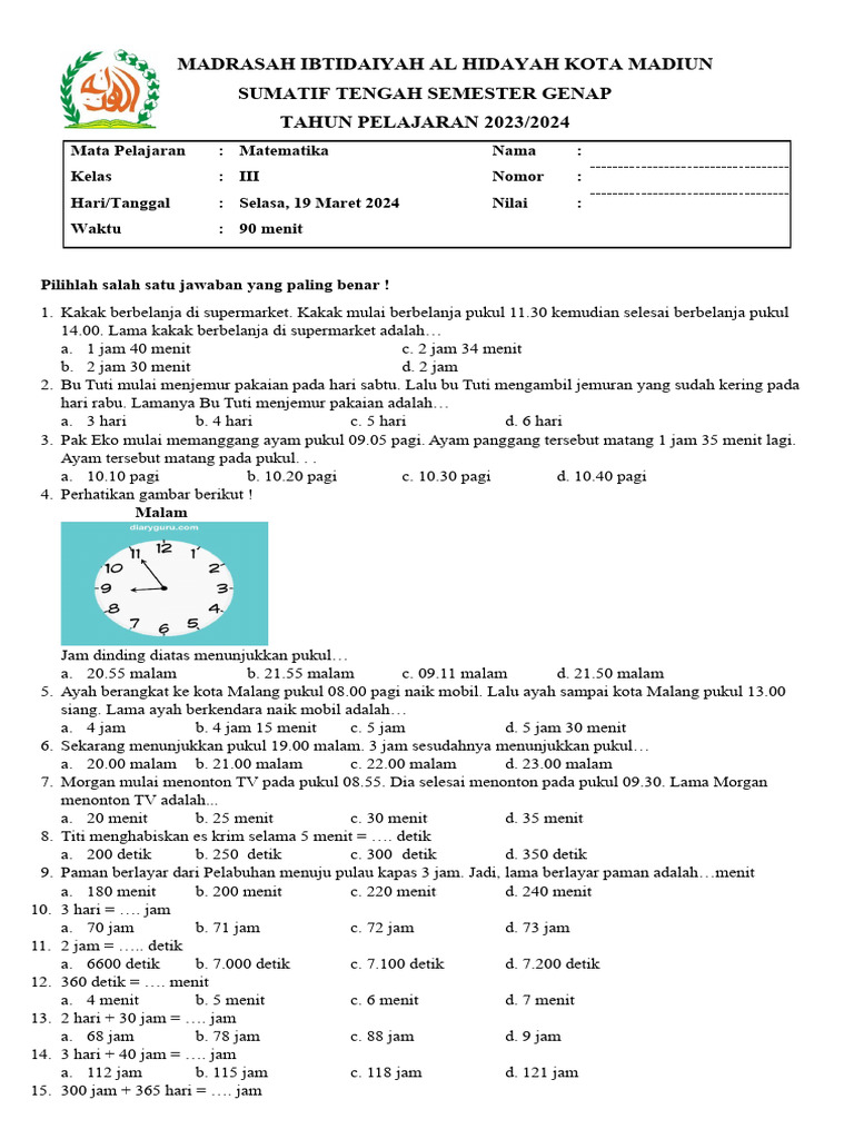 Soal PTS MTK Kelas 3 Semester 2 | PDF