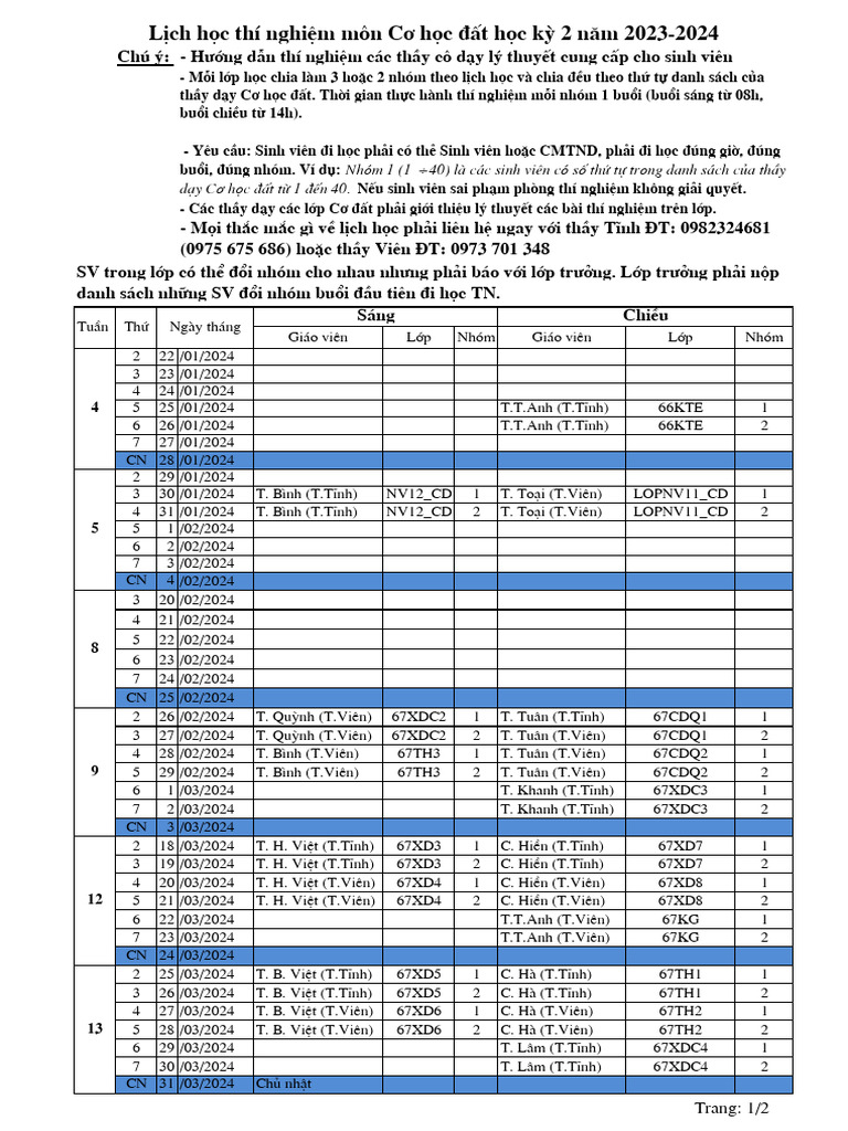 Lịch Thí Nghiệm Cơ Học Đất - HKII - 2023-2024 - V2 | PDF