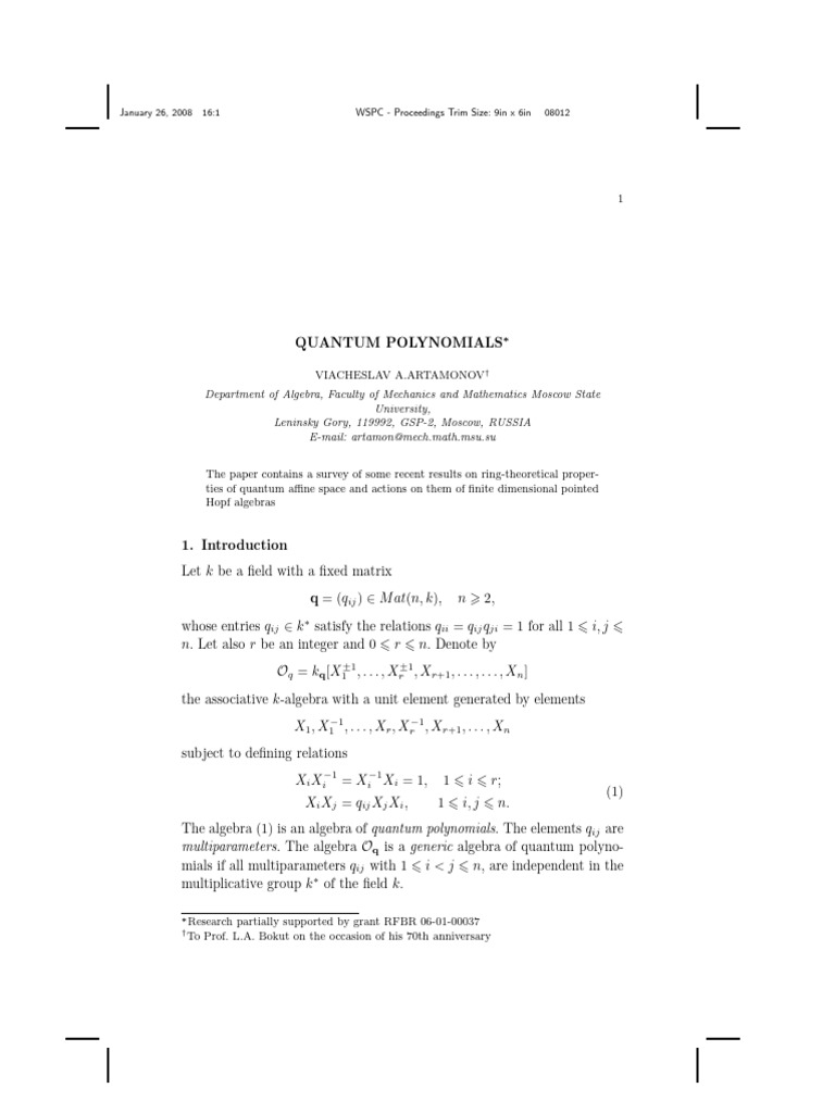 2008 Quantum Polynomials | PDF | Ring (Mathematics) | Lie Algebra