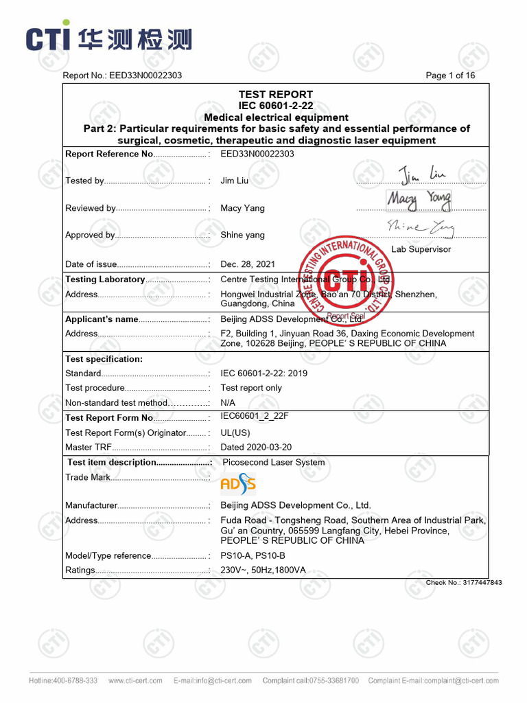 EED33N00022303 北京安德盛威 PS10 A PS,10 B 皮秒激光治疗 IEC60601 1 22 report | PDF | Laser | Electrical ...