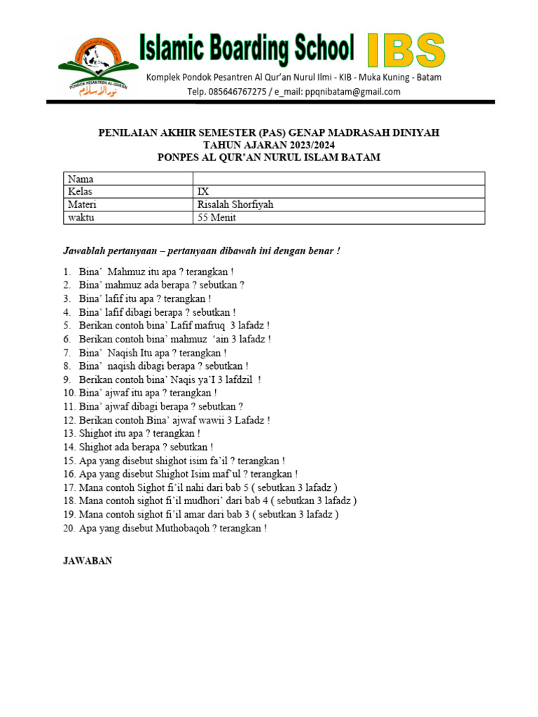 Risalah Shorfiyah Kelas 9 Pa Dan Pi | PDF