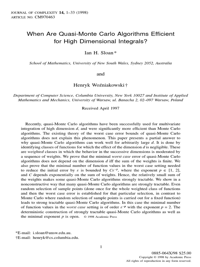 [37]when Are Quasi Monte Carlo Algorithms Efficient For High 1998 Journal Of Com Pdf Monte
