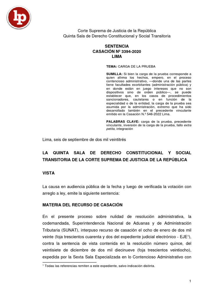 Casacion 3394 2020 Lima LPDerecho | PDF | aduana | Sentencia (ley) Casacion 3394 2020 Lima LPDerecho | PDF | aduana | Sentencia (ley)