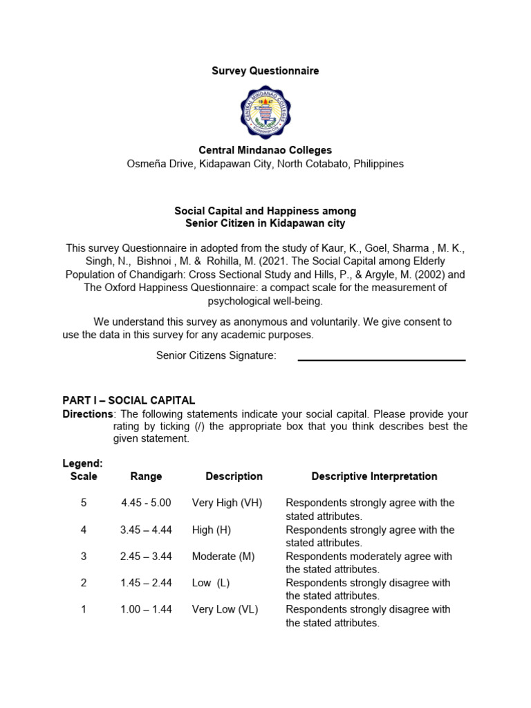 Survey Questionnaire | PDF | Ageing | Happiness