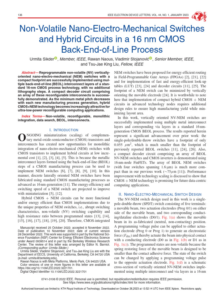 Non-Volatile Nano-Electro-Mechanical Switches and Hybrid Circuits in A 16 NM CMOS Back-End-of ...