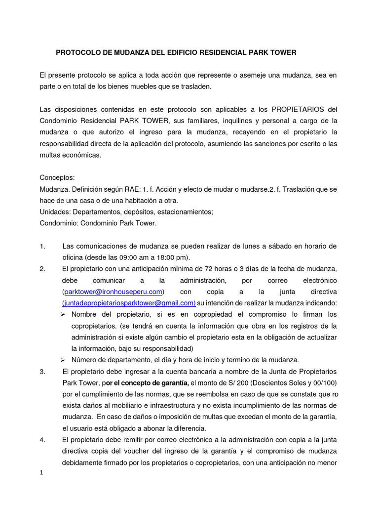 Protocolo de Mudanza Park Tower v23-02-2023 | PDF | Condominio | Multa (pena)