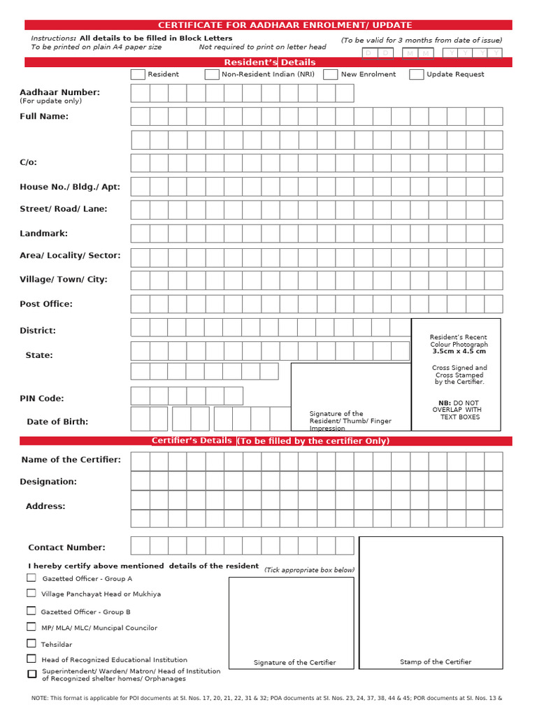 Aadhar Update Form | PDF