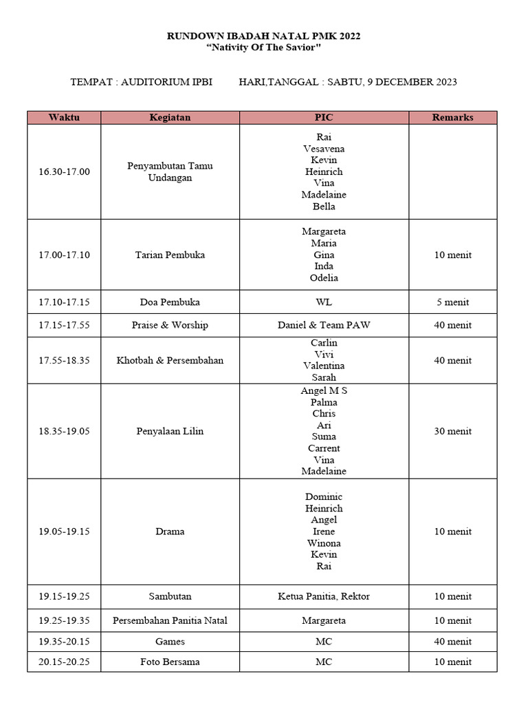 Rundown Acara Natal PMK 2023 | PDF