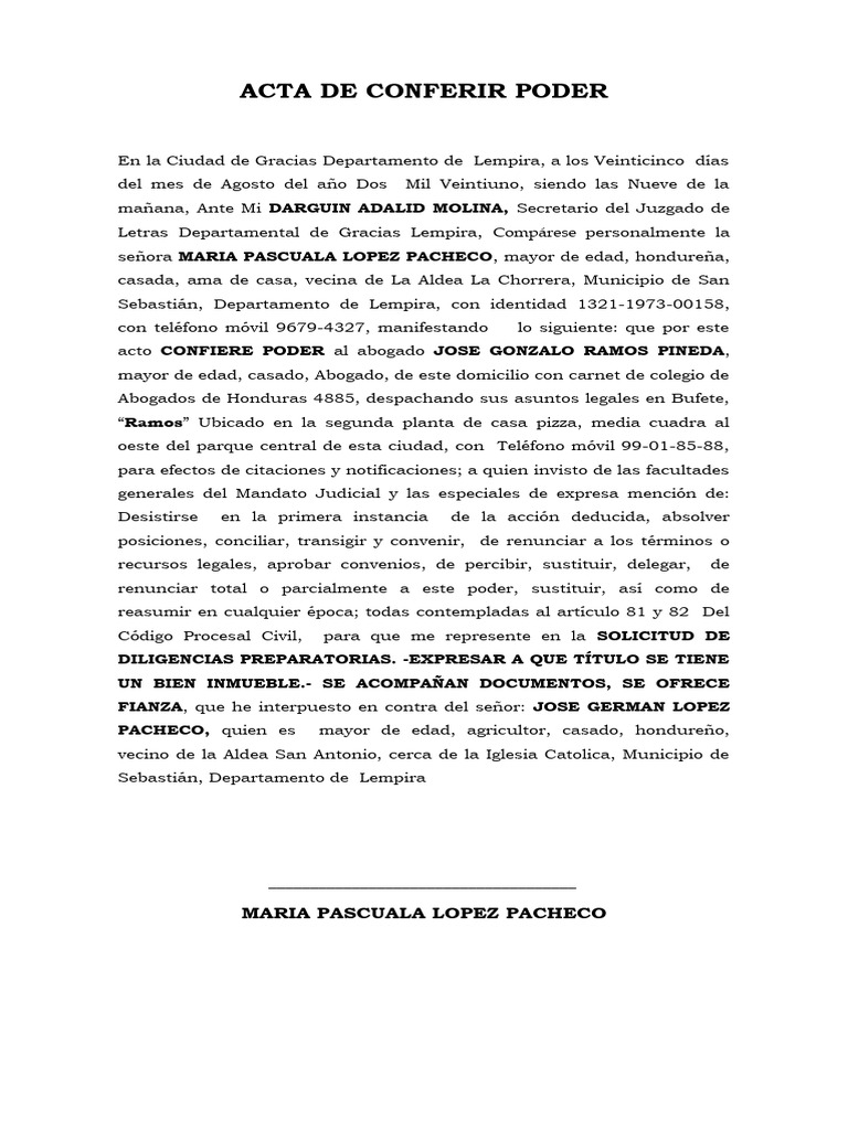 ACTA DE CONFERIR PODER | PDF | Honduras | Demanda judicial