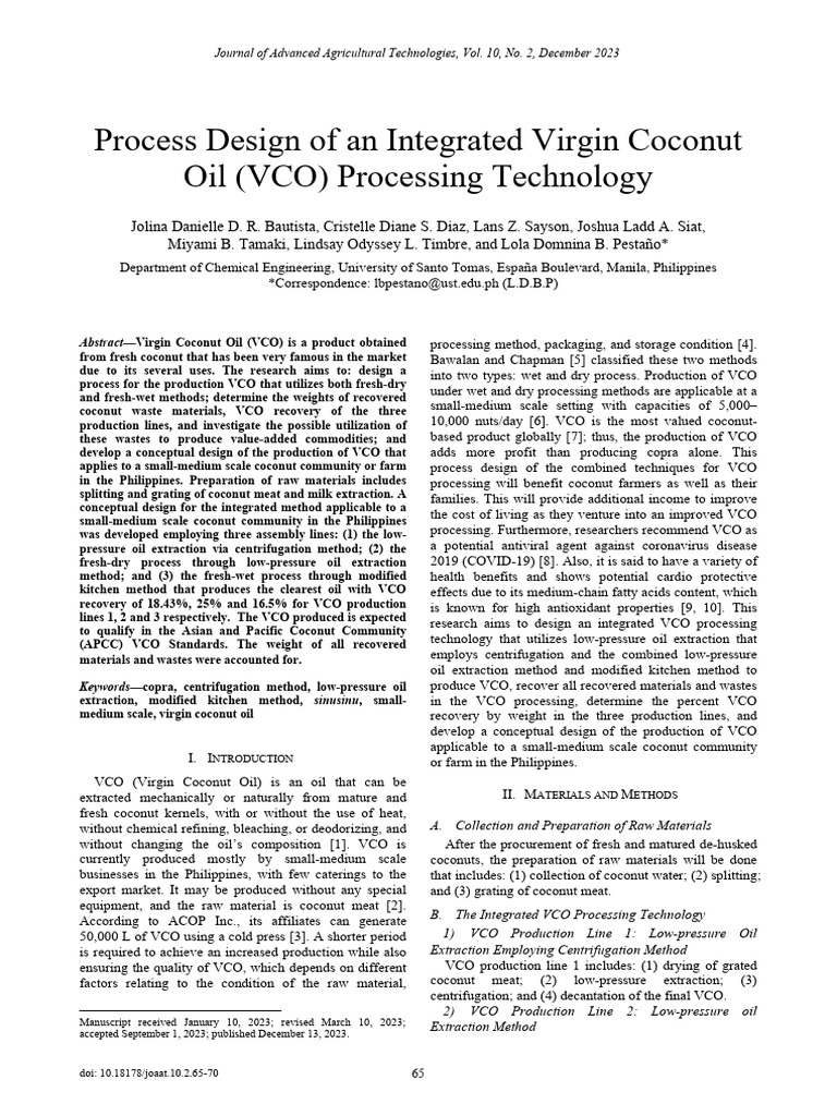 Process Design of An Integrated Virgin Coconut Oil (VCO) Processing ...