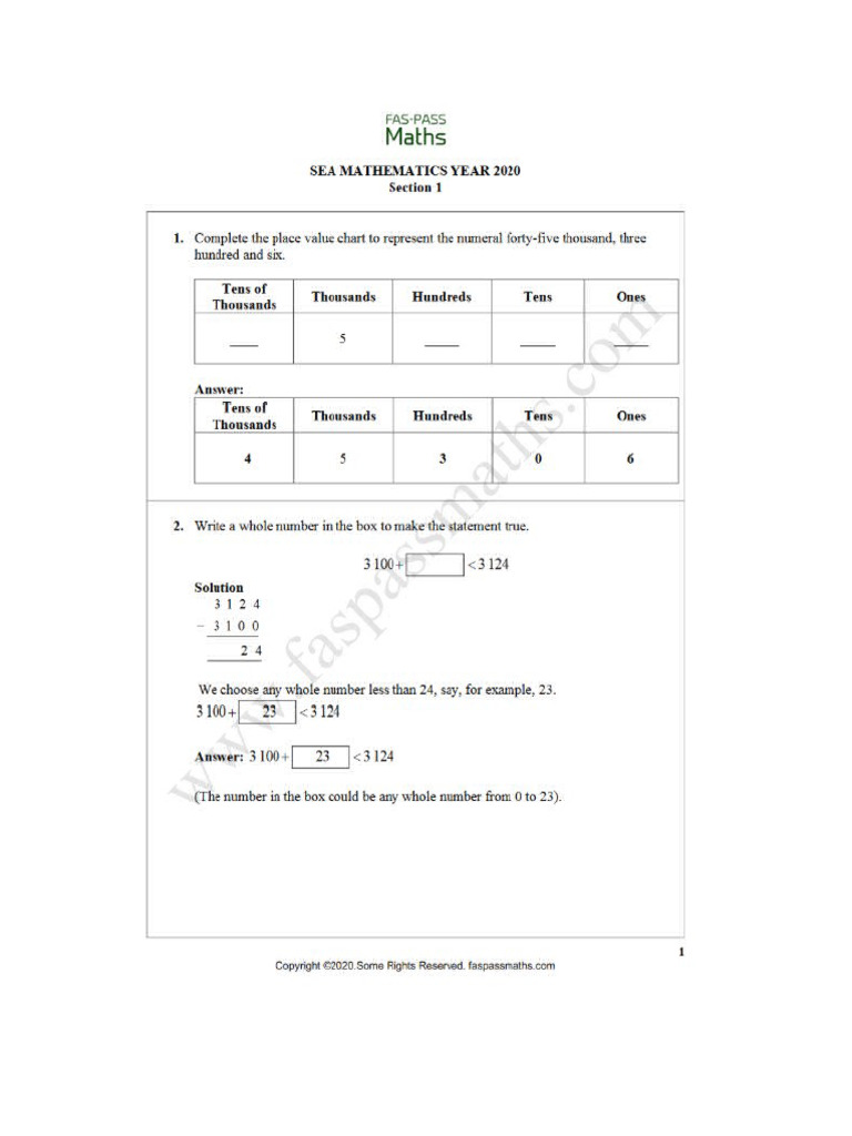 Sea 2020 Math Answers | PDF