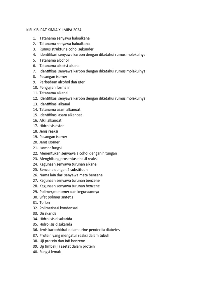 Kisi-Kisi Pat Kimia Xii Mipa 2024 | PDF