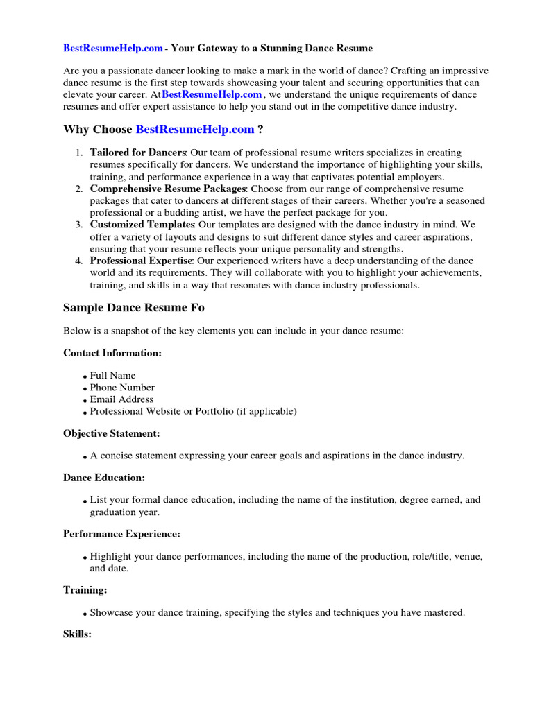 Sample Dance Resume For Audition | PDF