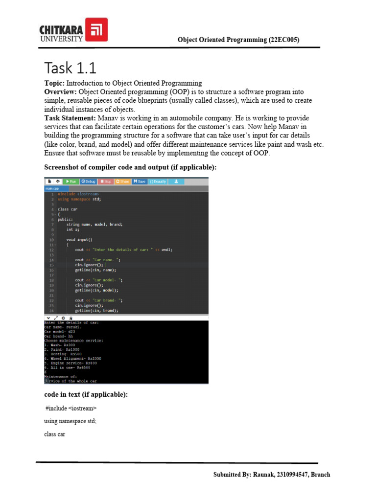 SUBMISSION - Task 1 RAUNAK, 2310994547 | PDF | Object Oriented Programming | Class (Computer ...
