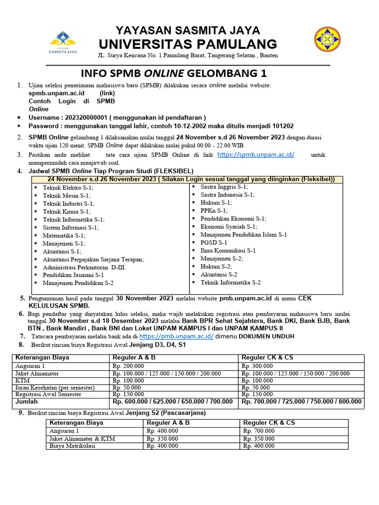 Info SPMB Unpam Genap 1 | PDF