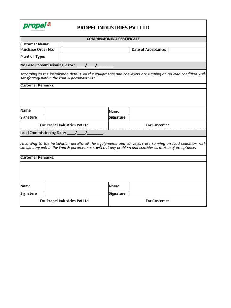 Propel Industries Commissioning Certificate | PDF | Technology ...