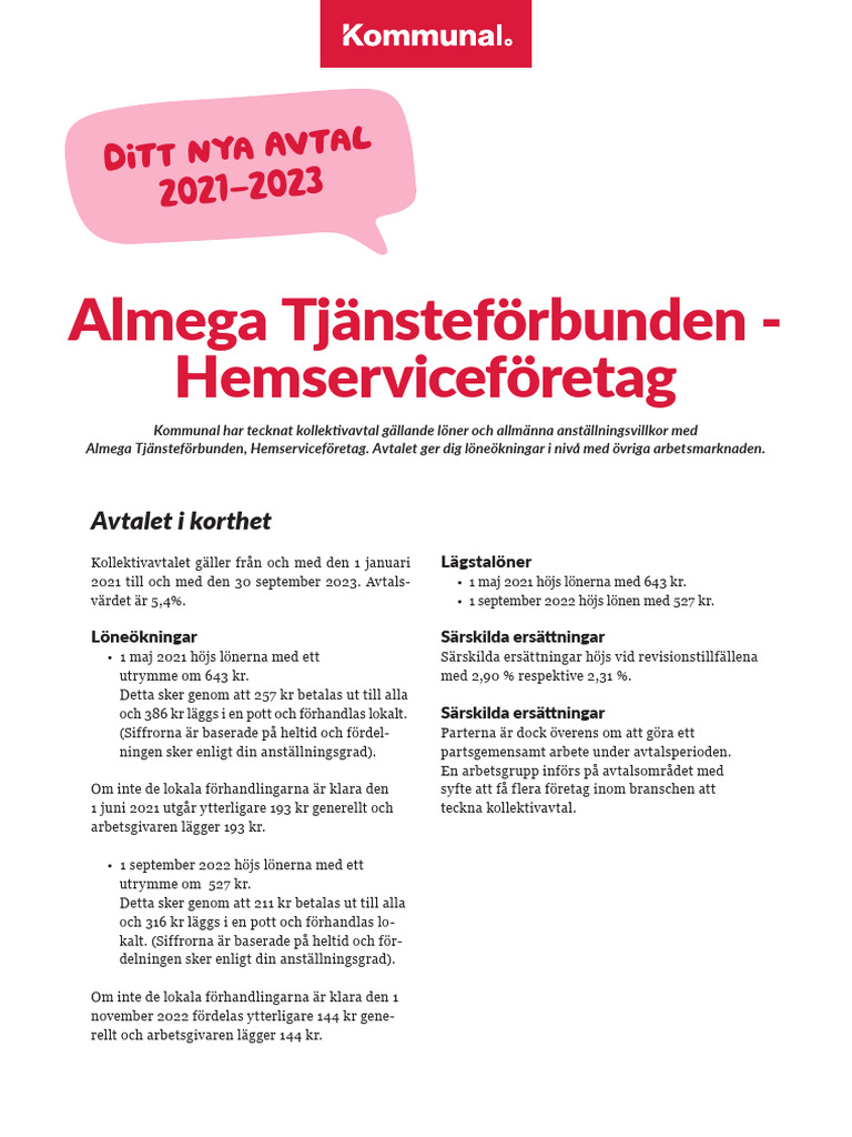 Sammanfattning Ditt Nya Avtal Almega Tjänsteförbunden - Hemserviceföretag 2021 - 2023 | PDF