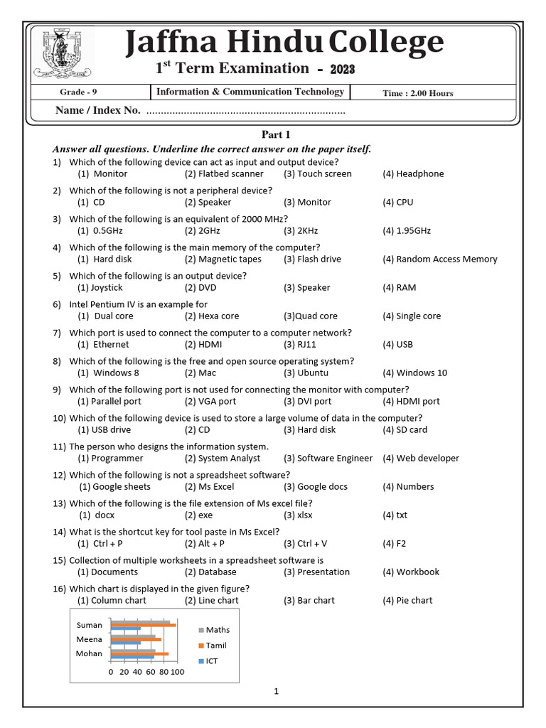 Grade 9 ICT 1st Term Exam Paper | PDF | Computer Data Storage | Microsoft Excel