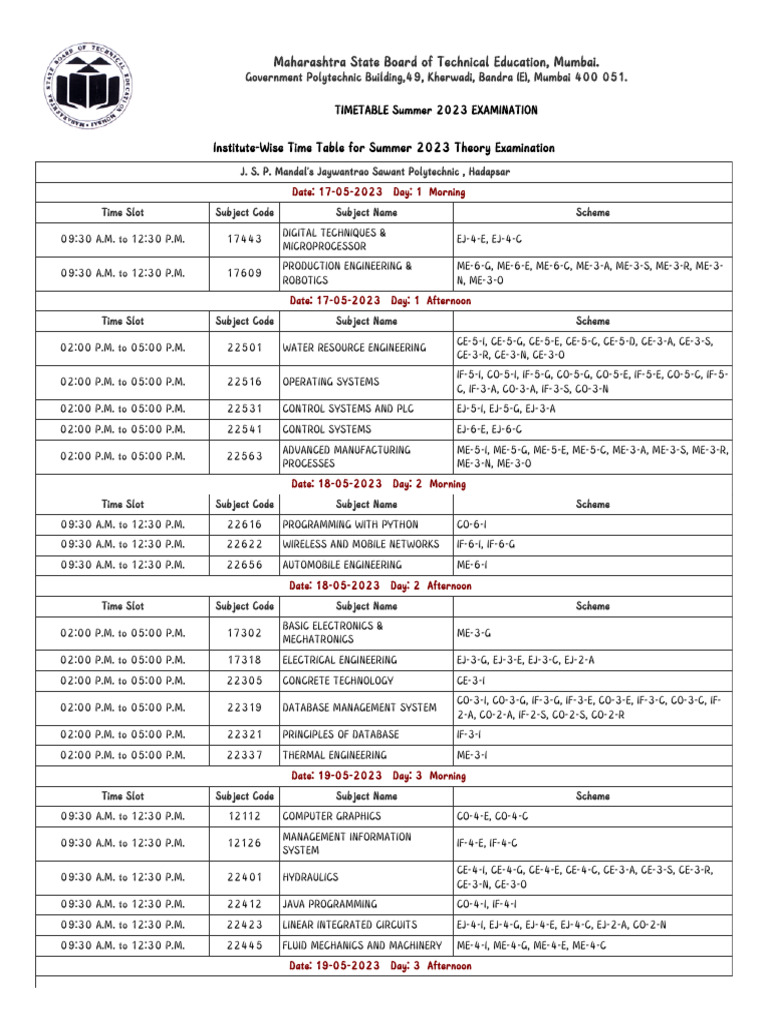 Time Table For Summer 2023 Theory Examination | PDF