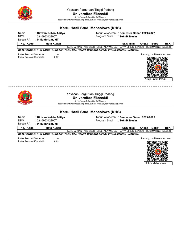 Universitas Ekasakti: No. Kode Mata Kuliah Sks Nilai Angka Bobot BXK | PDF