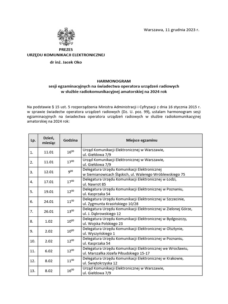 Harmonogram Sesji Sluzba Amatorska 2024 | PDF Harmonogram Sesji Sluzba Amatorska 2024 | PDF