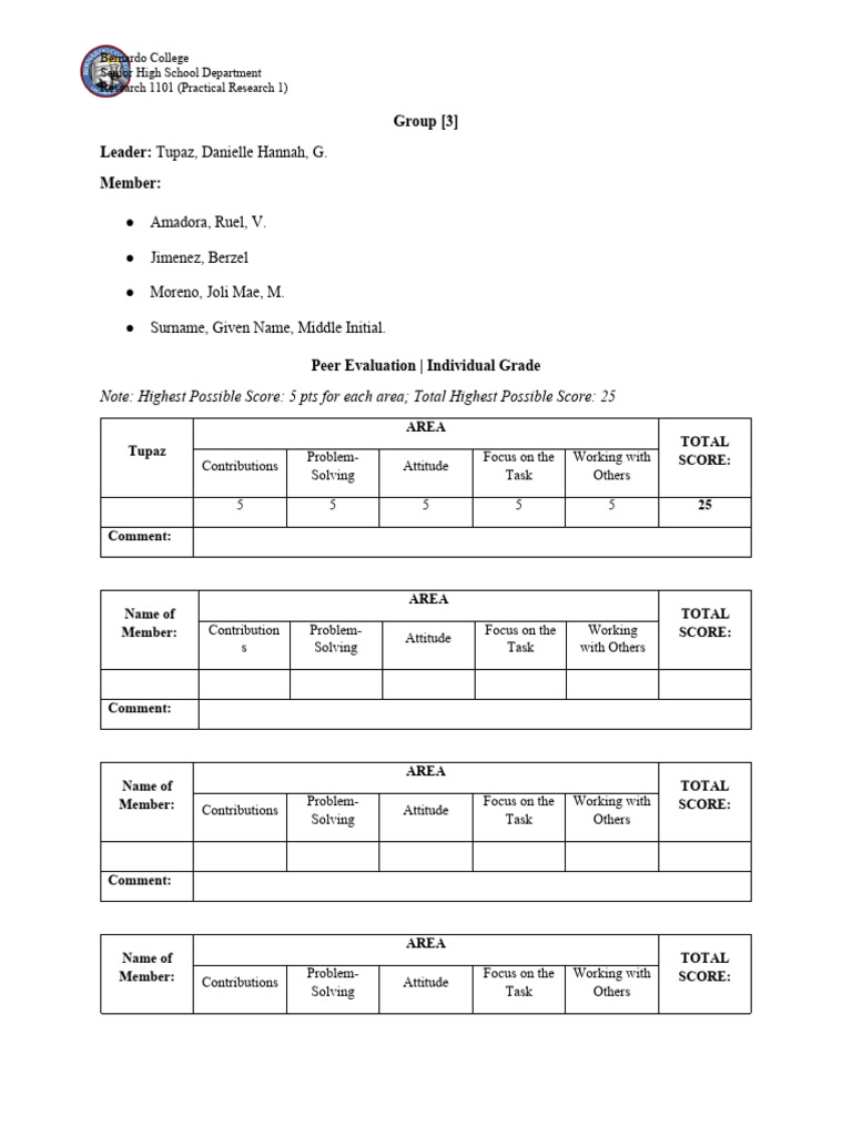 Peer Eval Template Pdf