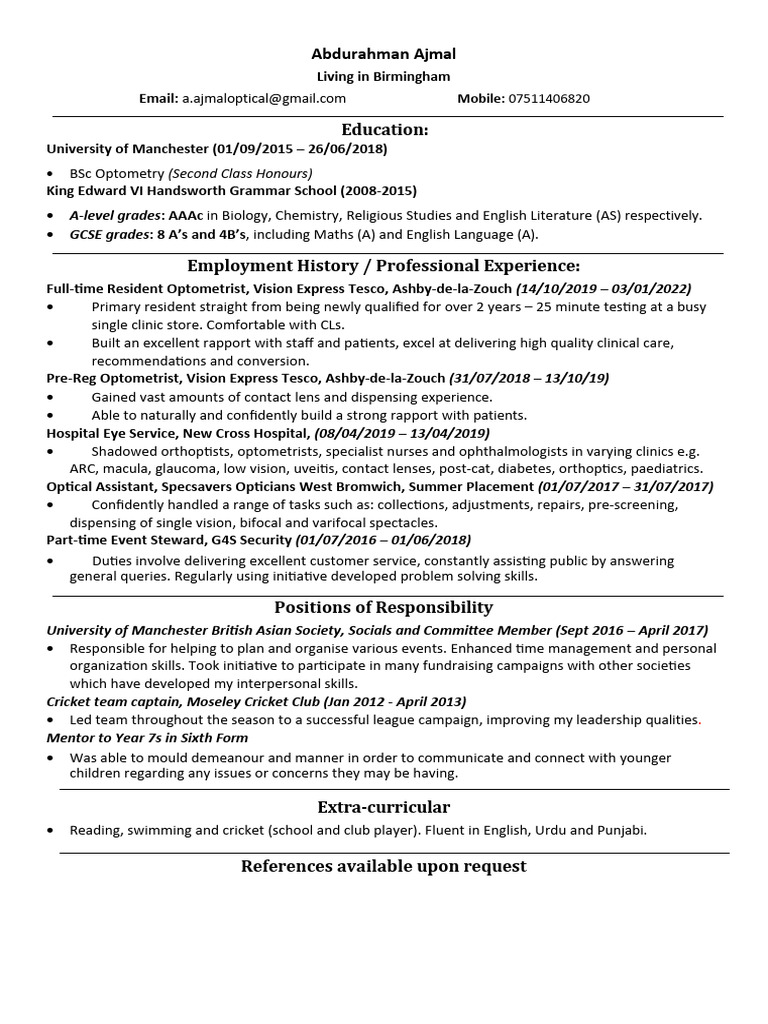 Abdurahman Ajmal CV Updated 2021 | PDF | Optometry | Health Care