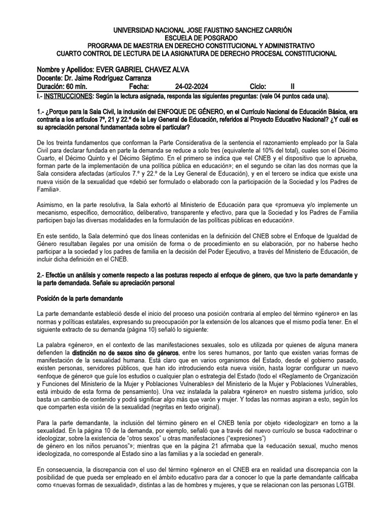 Cuarto Control de Lectura de Derecho Procesal Constitucional Peruano | PDF | Género | Estudios ...