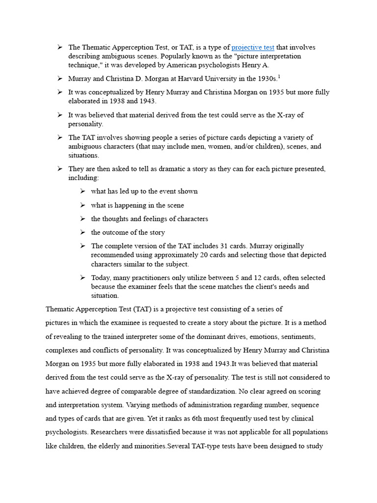 The Thematic Apperception Test | PDF | Psychotherapy | Psychological ...