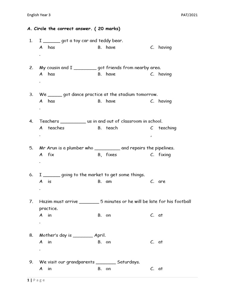 English Year 3 Final 2021 | PDF