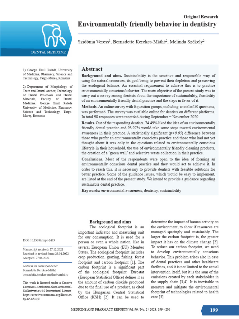 2021 Veress - Environmentally Friendly Behavior in Dentistry | PDF ...