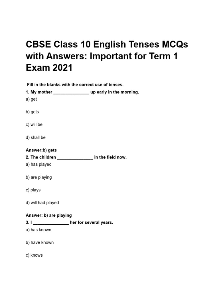 CBSE Class 10 English Tenses MCQs With Answers | PDF | Schools ...
