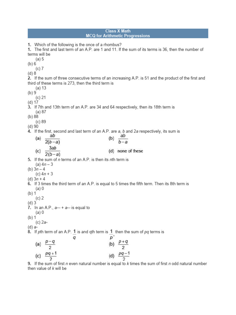 MCQ on Arithmetic Progressions | PDF | Teaching Methods & Materials | Science & Mathematics