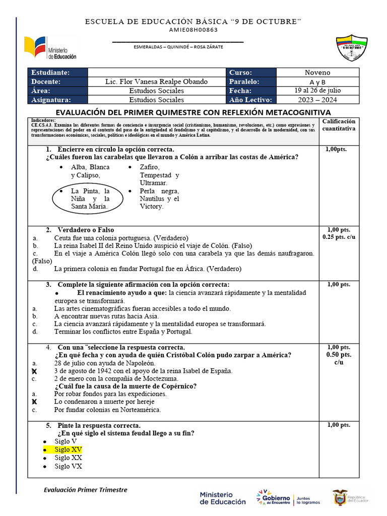 Evaluación 9no Eess | PDF | Cristobal colon