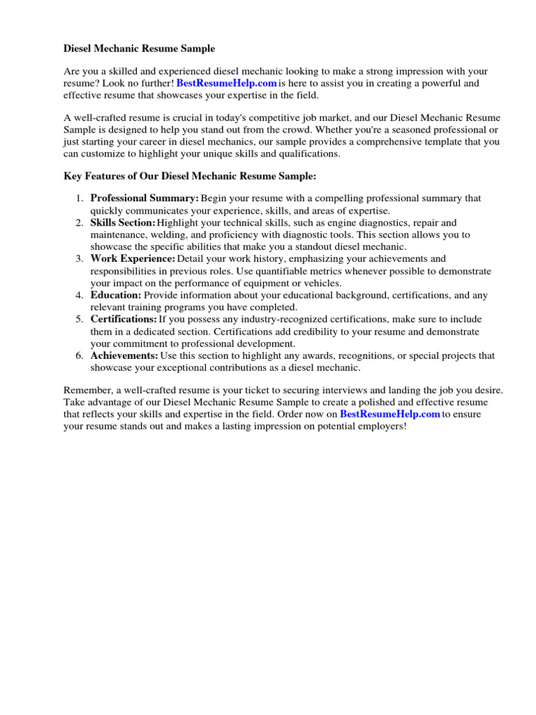 Diesel Mechanic Resume Sample | PDF | Auto Mechanic | Truck