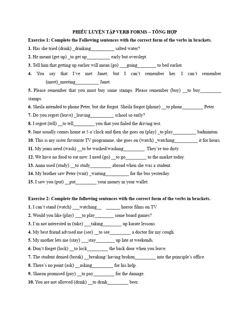 PHIẾU LUYỆN TẬP VERB FORMS | PDF | Language Arts & Discipline | Foreign ...