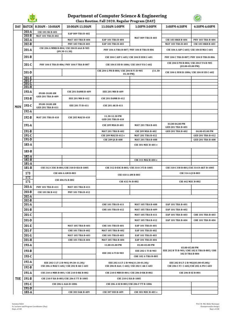 Class Routine Fall 2020 CSE (Day) | PDF