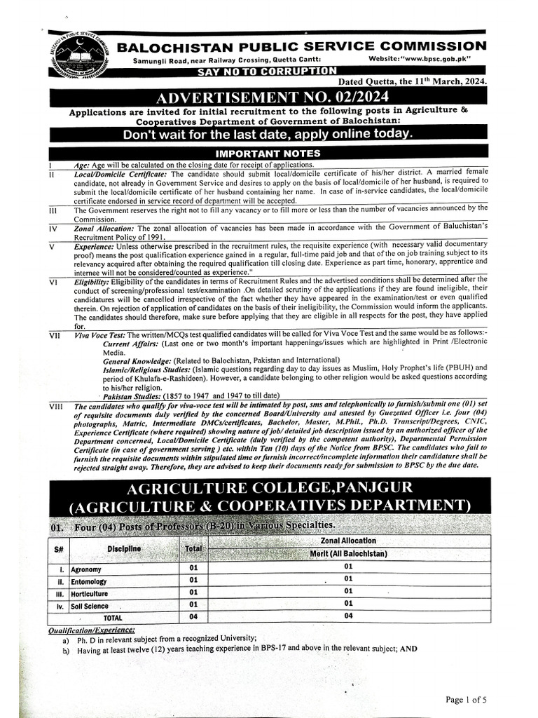 BPSC Advertisement No 02-2024 (11-3-2024) | PDF