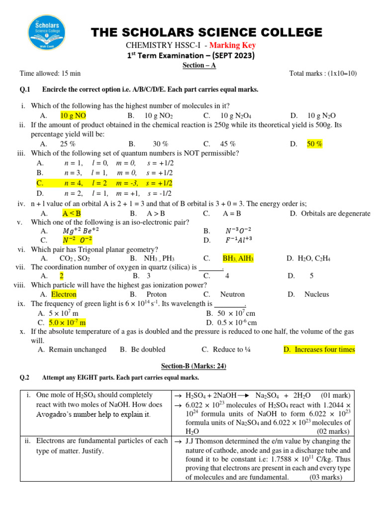 HSSC I 1st Term Chem Key | PDF | Chemical Bond | Ionic Bonding