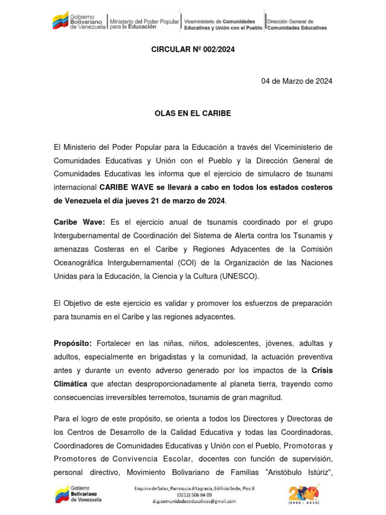 Circular 002-2024 Caribe Wave Marzo 2024 | PDF | Tsunami | Venezuela