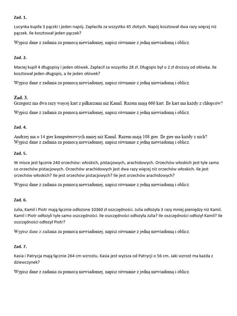 Zad. z Treścią - Zadania Do Samodzielnego Rozwiązania(w Domu) | PDF