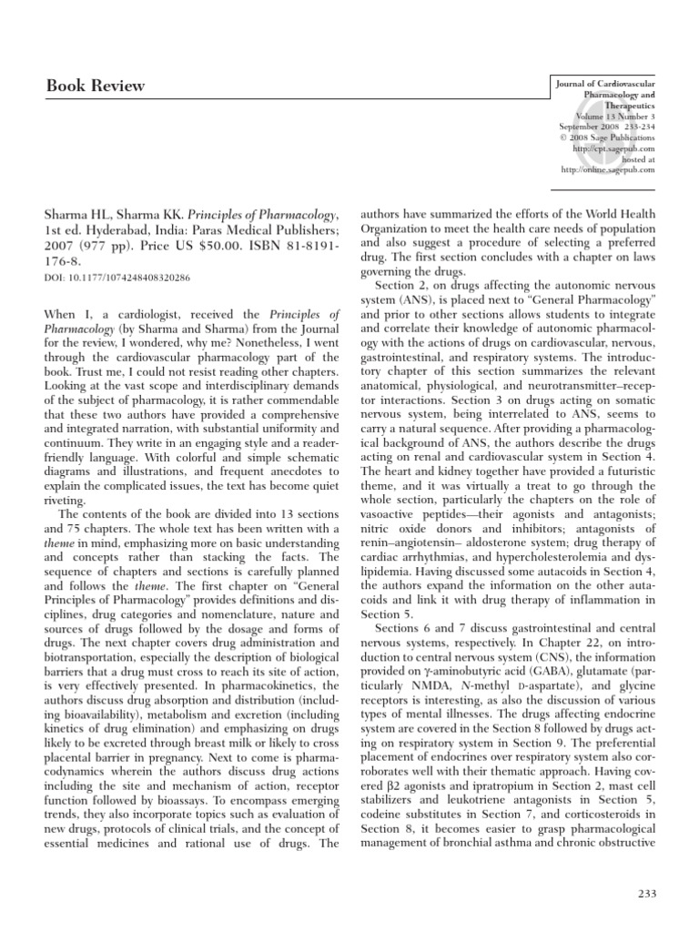 Narula 2008 Book Review Sharma HL Sharma KK Principles of Pharmacology ...