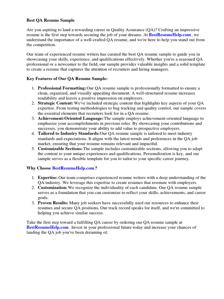 Best Qa Resume Sample | Download Free PDF | Quality Assurance | Résumé