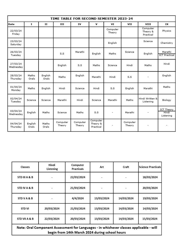 Second Semester Final Exam Timetable 2023-24 | PDF