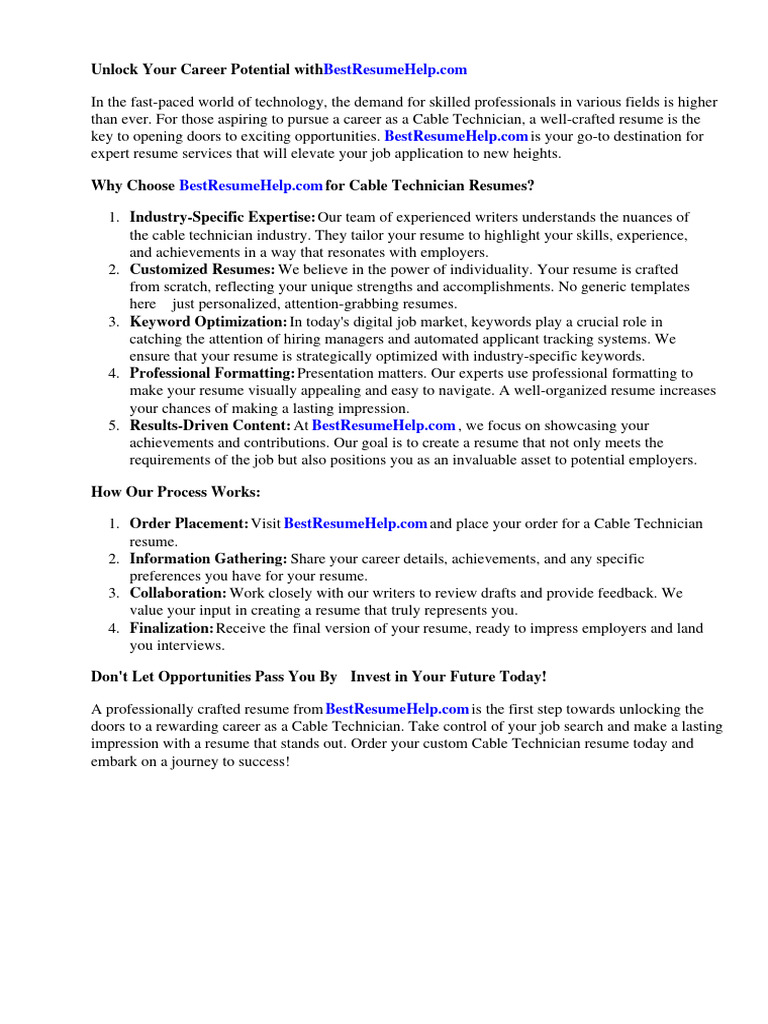 Cable Technician Resume Sample | PDF | Résumé | Optical Fiber