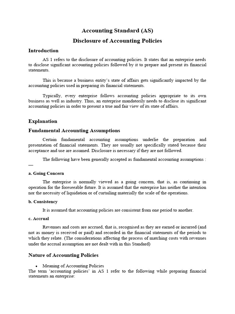 Accounting Standard Policies | PDF | Going Concern | Financial Statement