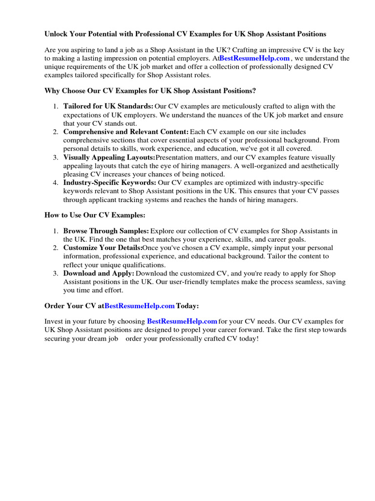 UK Shop Assistant CV Guide | PDF | Retail | Résumé